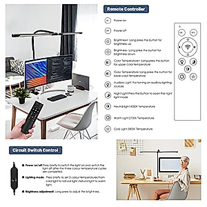 DELIZIO Desk Lamp 34.25in, Architect Lamp for Home Office, 21W Clamp Lamp ,3 Color Modes Stepless Dimming, Modern Eye-Caring Office Light ,Three Head Work Lamp with Remote Control Workbench Lamp