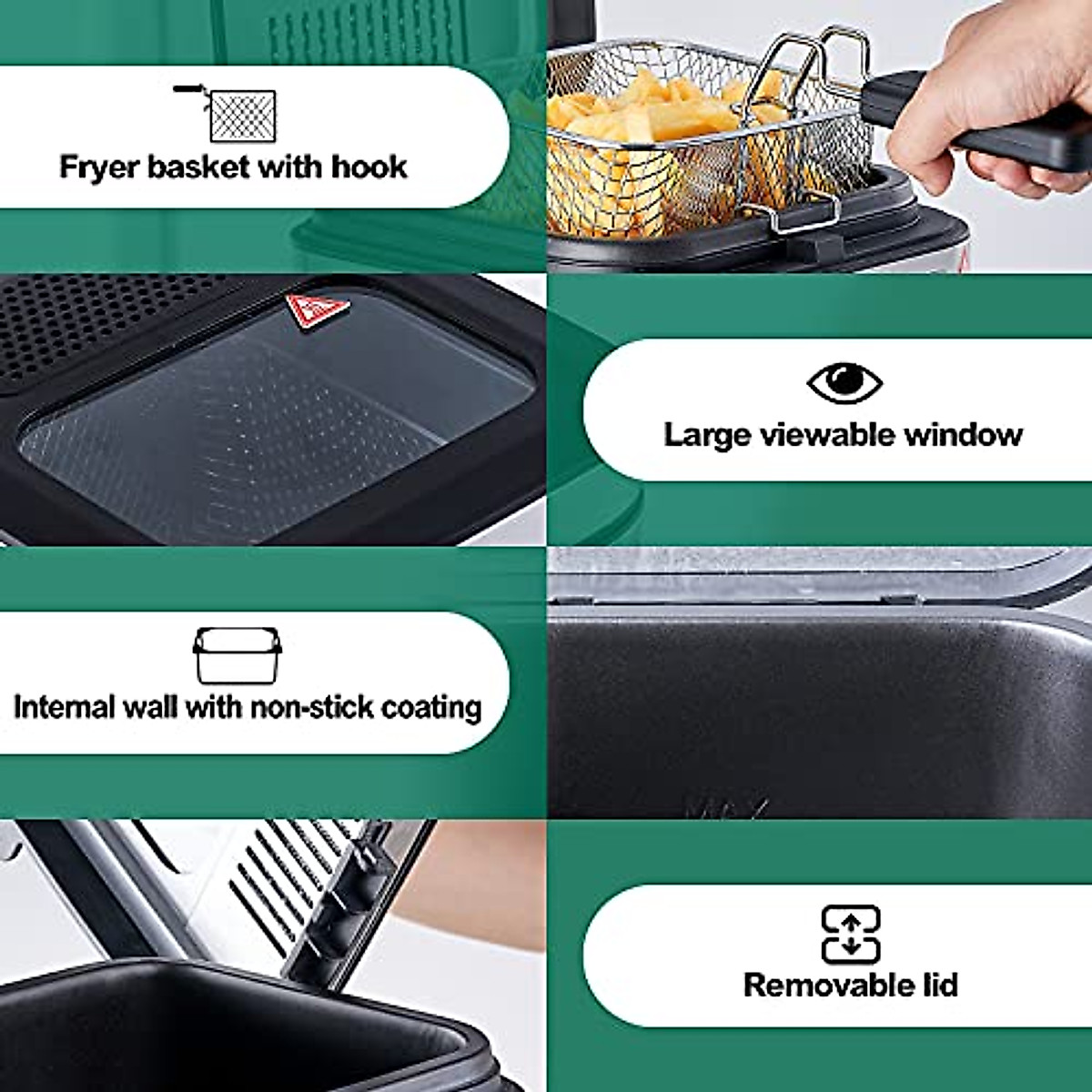 Deep Fryer CUSIMAX Electric Deep Fryer with Basket and Drip Hook, 2.6Qt Oil Capacity Fish Fryer, Removable Lid with View Window and Filter, Stainless Steel fryers, 1200W