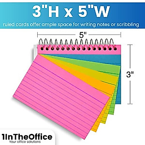 1InTheOffice Spiral Index Cards 3x5 Ruled, Spiral Bound, 50 Neon Note Cards/Spiral (2 Pack)