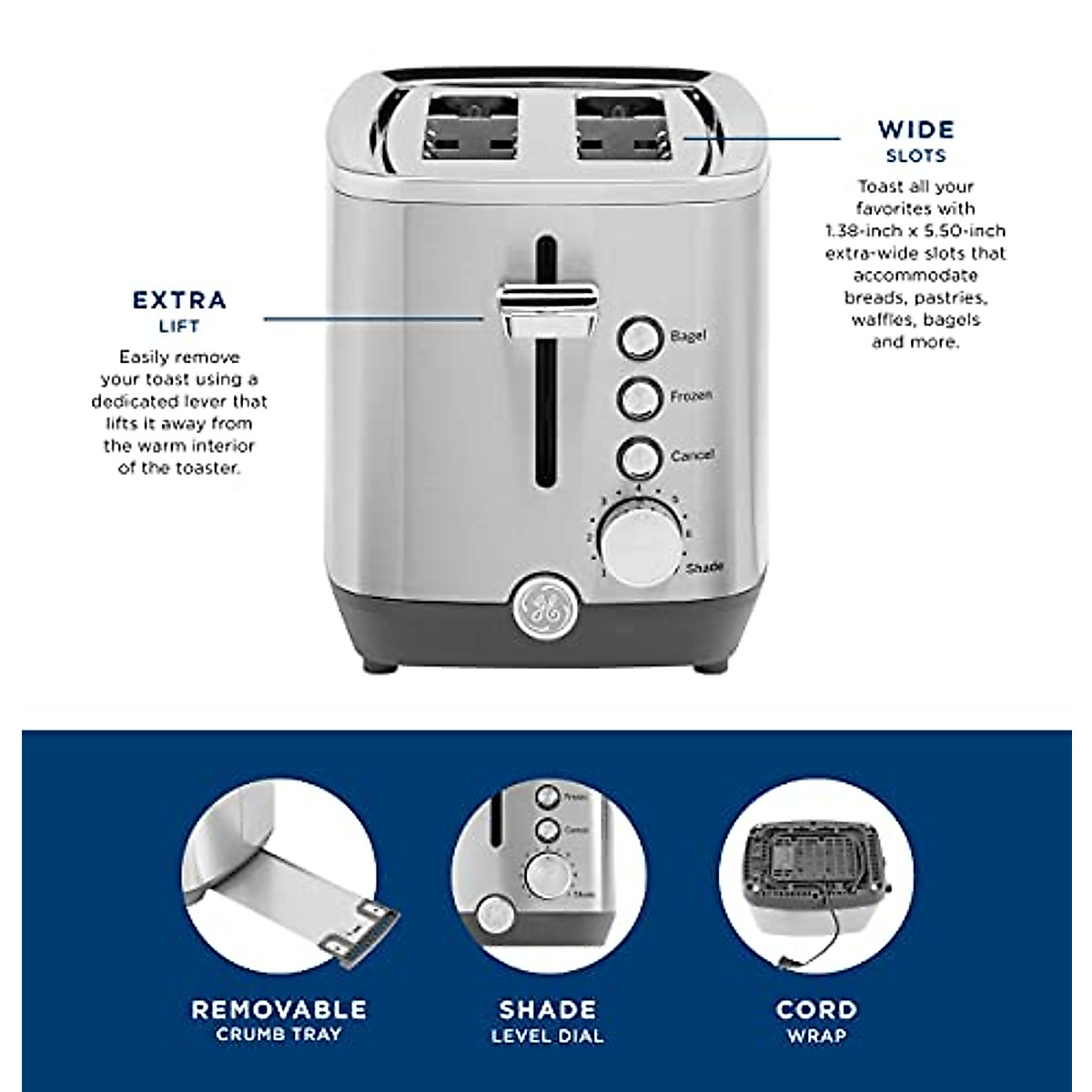 GE Stainless Steel Toaster | 2 Slice | Extra Wide Slots for Toasting Bagels, Breads, Waffles & More | 7 Shade Options for the Entire Household to Enjoy | Countertop Kitchen Essentials | 850 Watts
