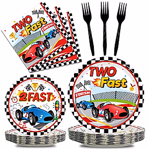 Kepeel 96Pcs Two Fast Birthday Party Supplies, Race Car 2nd Party Plates and Napkins Sets for Kids Boys Race Track Racing Sports Themed Two Years Old Party Baby Shower Decorations Favors, Serves 24