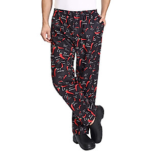 Men's Elastic Baggy Chef's Pants Floral Restaurant Work Pant and Cook Pant Uniform Pepper L