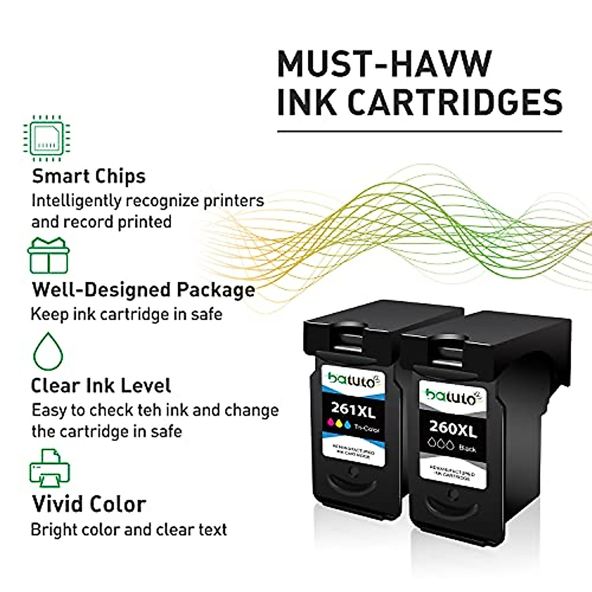 batuto Remanufactured Inkjet 260XL 261XL Replacement for Canon PG-260 XL PG-260 CL-261 XL CL-261 for Canon TS5320 TS6420 TR7020 Multifunctional All-in-one Wireless Printer(1 Black, 1 Tri-Color)