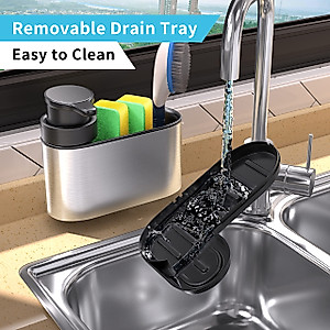 PETXPERT Sink Caddy, Sponge Holder for Kitchen Sink, Detachable Stainless Steel Soap Dispendser, Non-silp Dish Brush Holder Organizer with A Refillable Soap Pump