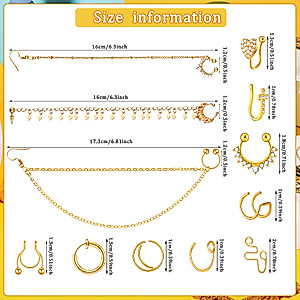 Junkin 12 Pieces nose ring chain Jewelry Stainless Steel Nose Chain Nose Cuff Fake Septum Fake Nose Ring Hoop Fake Septum Ring Non Piercing Nose Rings Gold for Women and Men