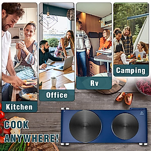 Hot Plate, CUSIMAX Double Burner, 1800W Electric Cooktop, Cast Iron Hot Plate for Cooking, Portable Electric Stove, Stainless Steel Countertop Burner, Easy to Clean, Blue