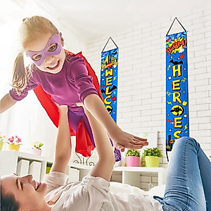 Hero Decorations Hero Backdrop Hero Porch Sign Banners Welcome Hanging Hero Decoration for Super Fun Hero Party Wall Decoration Door Action Door Sign (Blue Hero)