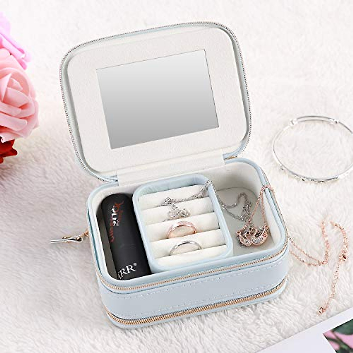 Jewelry Box, Small Travel Jewelry Box, Portable Display Storage Case Box for Rings Earrings Necklace (Light Blue) by YMHB