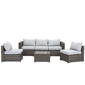 Solaste 6 Piece Patio Furniture Sets,All Weather Outdoor Sectional Patio Sofa Manual Weaving Wicker Patio Seating Rattan Sofas with Glass Table,Grey Cushions