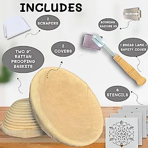 Banneton Bread Proofing Basket Set with Bread Stencils - Sourdough Proofing Baskets for Bread Baking Kit - Sourdough Bread Baking Supplies - Sourdough Proofing Basket Bread Making Kit with Accessories