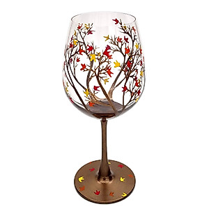 Autumn Tree Wine Glass - Fall Colors - Leaves of Red, Yellow, Orange - Hand Painted - Fall Leaf - 20 ounce