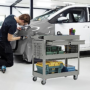 MOOLINCO 3 Tier Rolling Tool Cart with a Lockable Drawer and 4 Universal Wheels, Removable Tool Cart, Large Storage Capacity Tool Cart on Wheels, Suitable for Garage or Warehouse(New Grey)