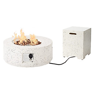 HOMPUS Outdoor Propane Fire Pit 40,000 BTU 28-inch Round Concrete Natural Gas Fire Table Outside Smokeless Firepit Furniture with Tank Cover,Lava Rocks and Rain Cover for Garden,Deck,Backyard