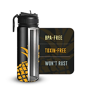 Life's Easy Stainless Steel Insulated Water Bottle - Sports Water Bottle w/Loop Handle Bionic Silicone Straw Lid - Vacuum Flask for Hot & Cold Drinks - Great for School & More (Pineapple Black,18 oz)