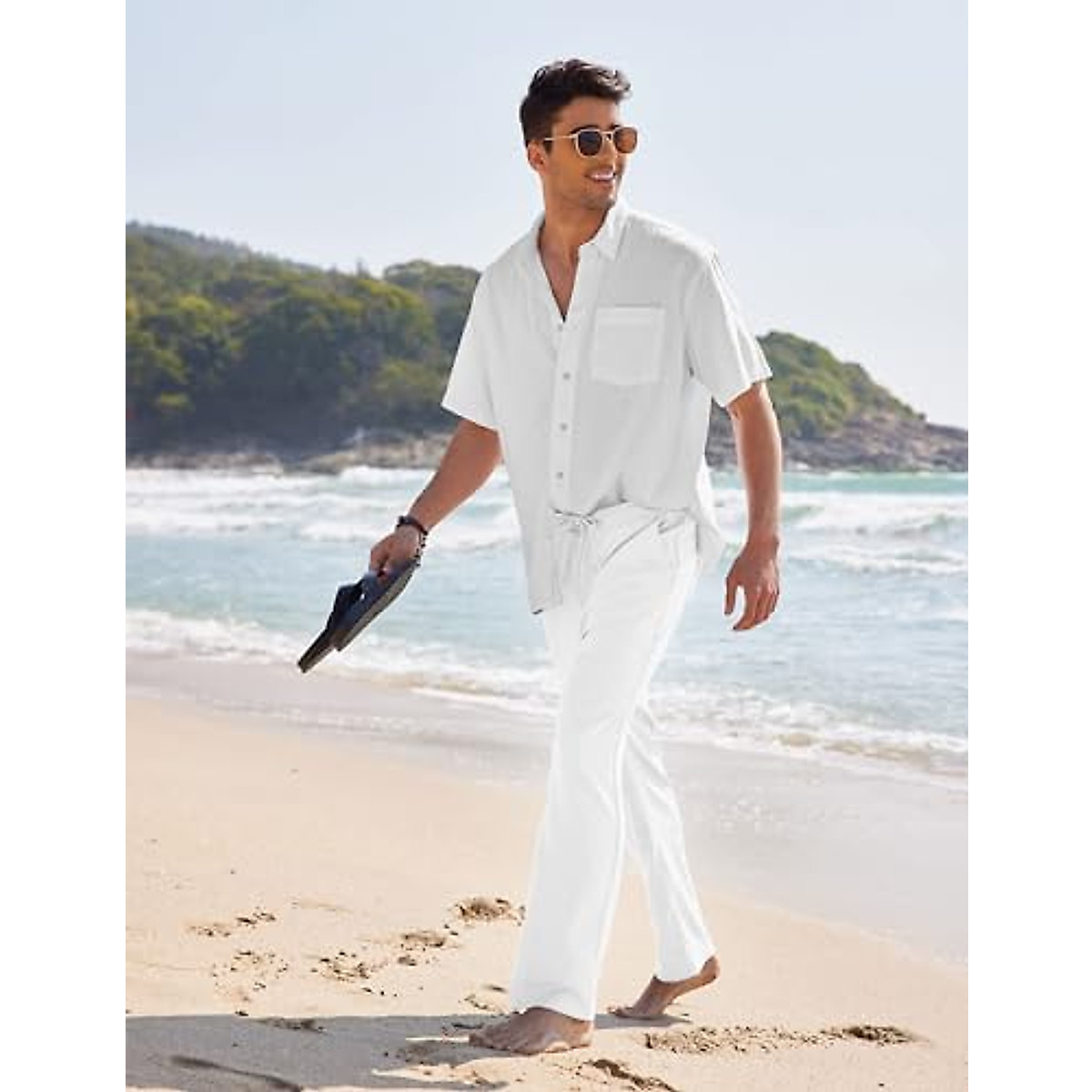 COOFANDY Mens Linen Loose Pants Lightweight Elastic Waist Summer Trouser Yoga Beach Pant with Pockets White Small