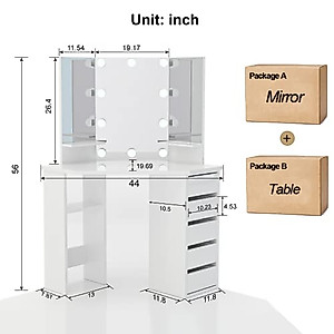 Likein Corner Makeup Vanity Desk with Mirror and Lights, Bedroom Vanity Table with Lighted Mirror 5 Drawers and Storage Shelf for Women Girls White