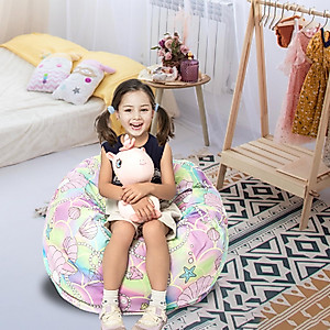 LOLOMLO Stuffed Animal Storage Bean Bag Chair Cover, Hold Kids Plush Toys Blankets Towels Beanbag (Cover Only), Canvas Floor Circle Stuff Sit Seat Sofa with YKK Zipper, Large 32", Pink Shell
