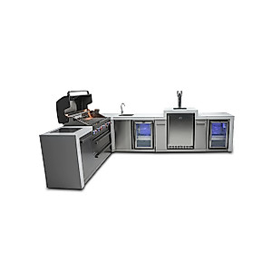 Mont Alpi MAi805-D90KEGBEVFC 44-inch 6-Burner 115000 BTU 90 Degree Deluxe Stainless Steel Gas Outdoor Kitchen Island Grill + Compact Refrigerator + 3 Beer Tap Keg Dispenser + Rotisserie Kit + Storage