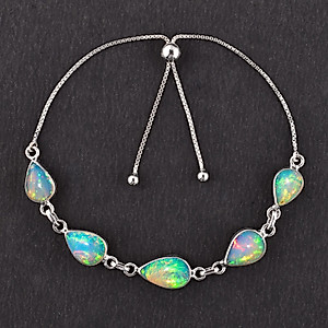 OdrillionGems 100% Natural Ethiopian Opal Gemstones Bolo Bracelet, Opal Cabs Bezel, 925 Sterling Silver, Handmade, Birthstones, Adjustable Slider, Women Jewelry, Wedding, Valentine Gifts, Size 10"