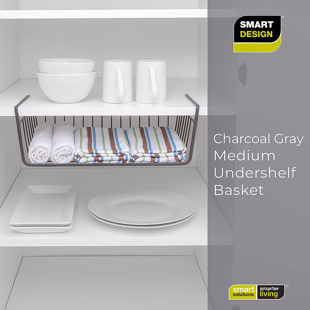 Smart Design Undershelf Storage Basket - Medium - Snug Fit Arms - Steel Metal Wire - Rust Resistant - Under Shelves, Cabinet, Pantry, and Shelf Organization - 16 x 5.5 Inch - Charcoal Gray