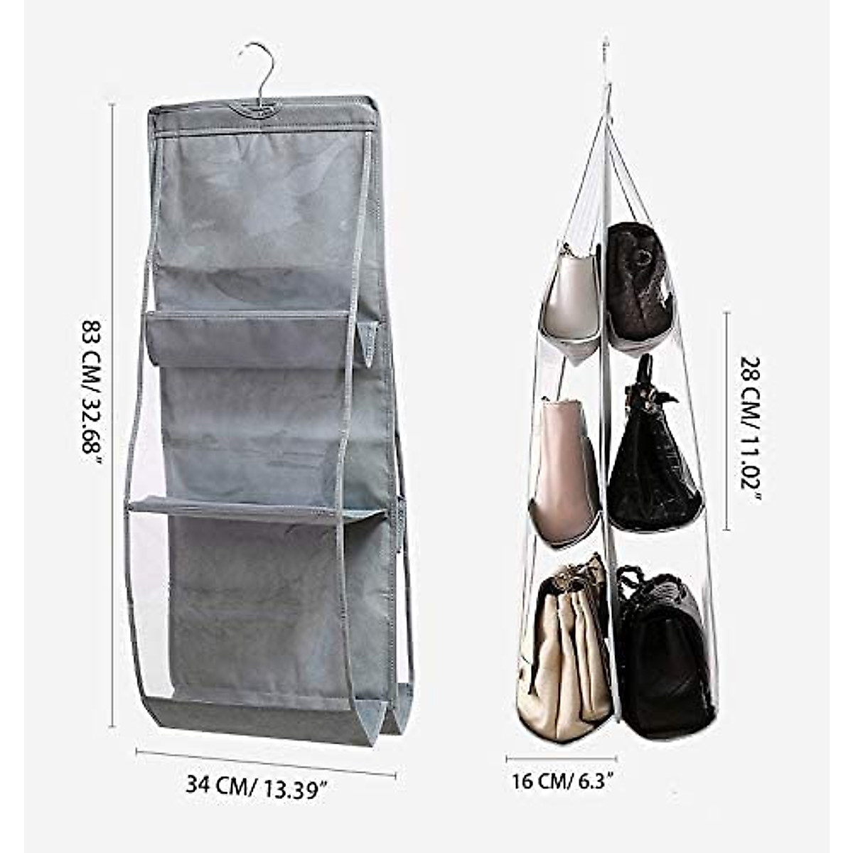 WONSHREE Hanging Handbag Organizer for Closet Wardrobe Purse Clutch Tote Bag Collection Storage Holder with 6 Clear Easy Access Pockets Over The Door Organizer,Space Saving Organizers, Grey