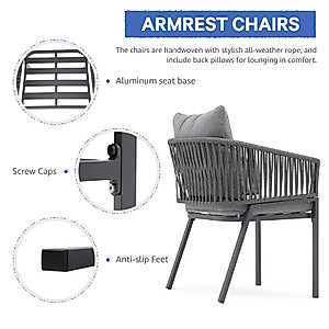 SUNSITT Patio Dining Chairs Set of 2, Outdoor Aluminum Dining Chairs with Woven Rope, All-Weather Patio Arm Chairs w/Cushions, Porch, Garden and Deck, Dary Grey