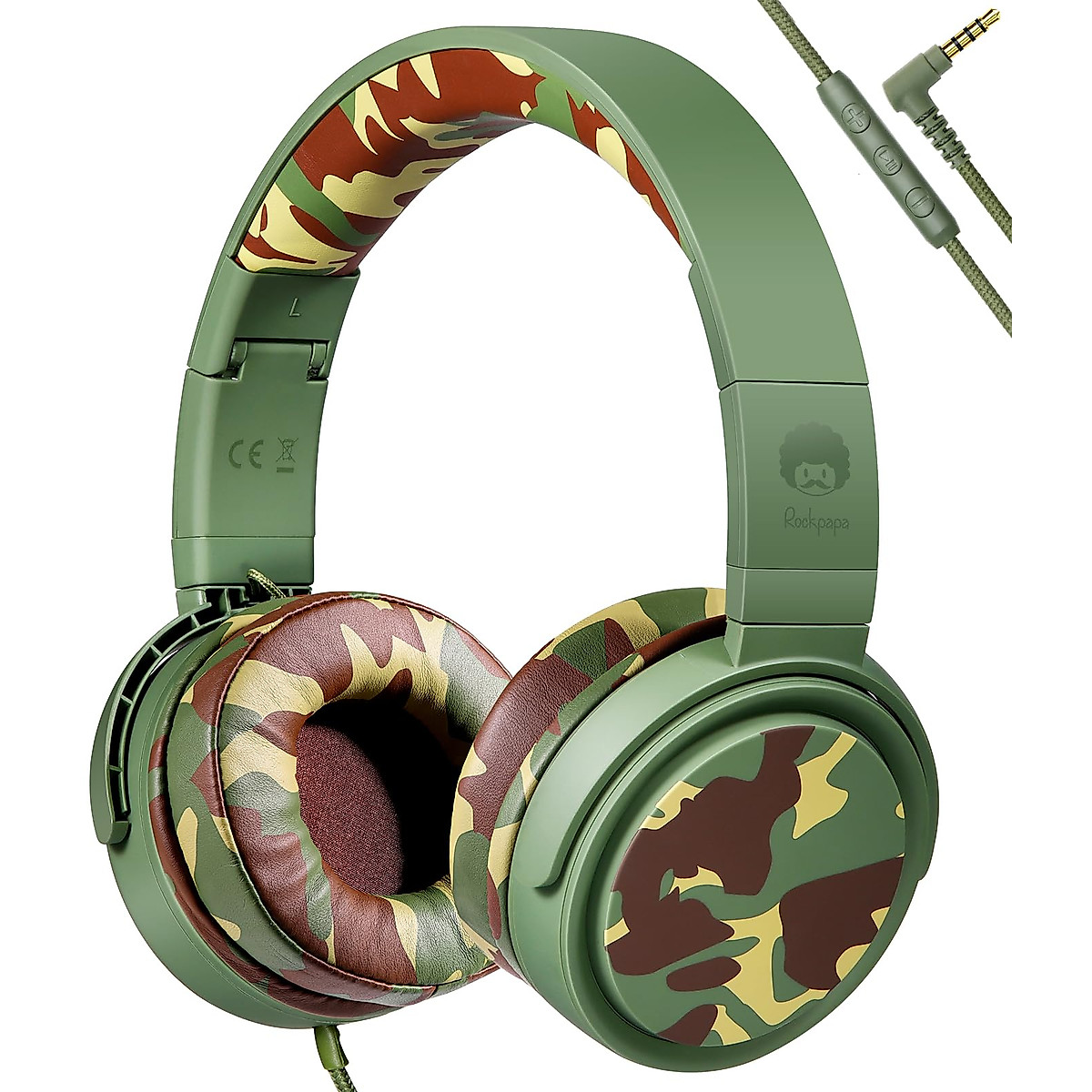 rockpapa Camo Wired Headphones with Microphone, Lightweight Foldable Stereo Bass Headphones with No-Tangle Cord & 3.5mm Jack for Adult/Kid, Laptop Airplane Chromebooks Green Camouflage