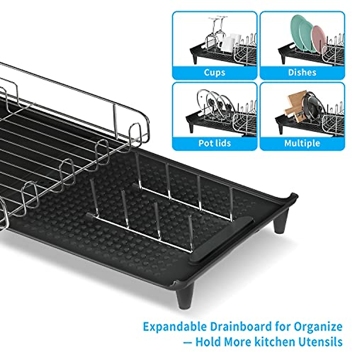 JINGFU Dish Drying Rack - Stainless Steel Dish Racks for Kitchen Counter, Large Dish Drying Rack with Drainboard, Dish drainers for Kitchen Counter,Expandable Dish Rack for Cups, Cutlery, Pot&lid