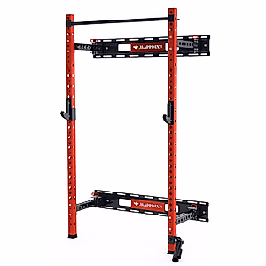 Mappding Folding Squat Rack Wall Mounted, 1100 LBS Foldable Squat Power Rack Weight Cage with Pull Up Bar, J-Cups, Landmine and Partable Space Saving Free Standing for Home Gym Garage Workout, Red