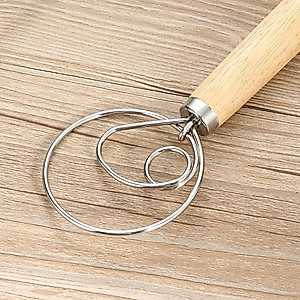 Danish Dough Whisk Bread Making Tools Stainless Steel Danish Dough Hook Bread Dough Mixer Hand Bread Dough Whisk for Pastry, Baking Cake, Dessert, Sourdough, Pizza, with Wooden Handle, 13 inch