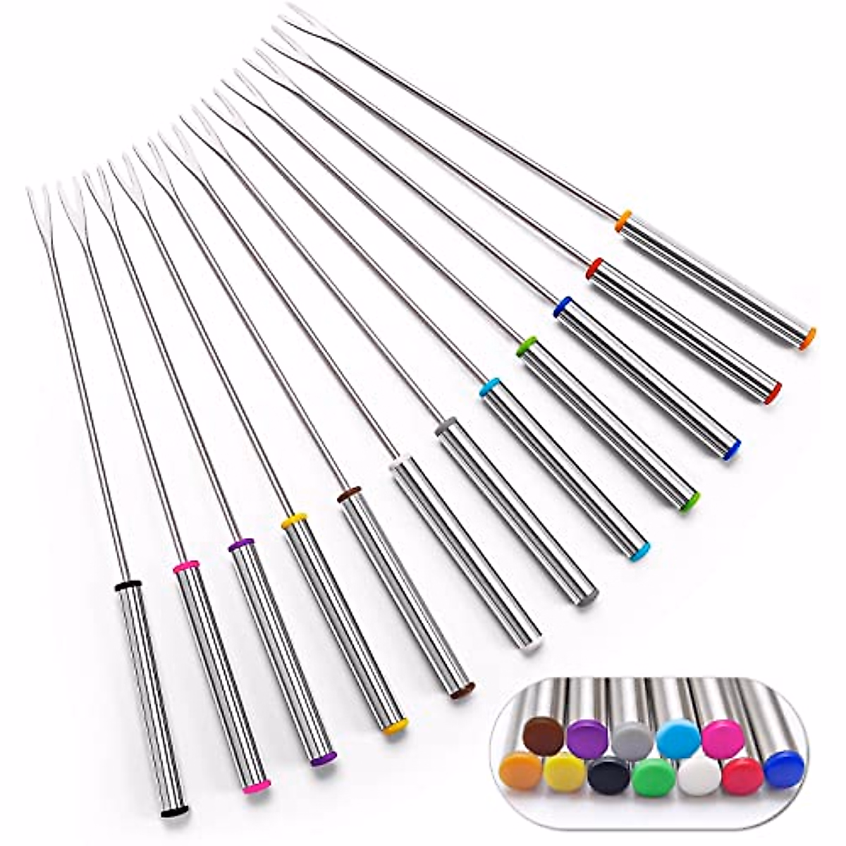 Sago Brothers - Set of 12 Stainless Steel Fondue Forks 9.5" - Color Coding Cheese Fondue Forks with Heat Resistant Handle for Chocolate Fountain Cheese Fondue Roast Marshmallows