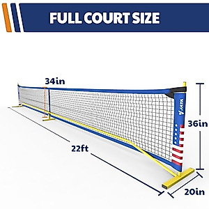 JAYA Pickleball Nets Portable Outdoor, 22FT Regulation Size Pickleball Net with Carrying Bag for Driveway Backyards Golden Yellow with Flag Blue