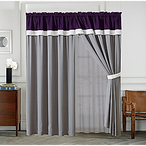 All American Collection New 4 Piece Curtain Set with Attached Sheer Backing (Curtain, Purple/Grey)