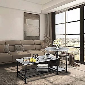 Wolawu Coffee Table White Marble Set of 2 Large Round and Long Rectangle 2 Tiers Wood Storage Shelf Detachable Modern Living Room White Marble