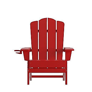 Flash Furniture Newport Adirondack Chair with Cup Holder, Weather Resistant Poly Resin Adirondack Chair, Red