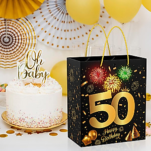 VANSHINIEER 50th Birthday Gift Bag with Fireworks Light and Music, Large Size Black Gold Gift Wrap Bag with Handles for 50th Birthday Party Decorations Supplies