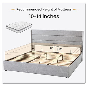 SHA CERLIN King Size Lift Up Storage Bed/Modern Wingback Headboard/Upholstered Platform Bed Frame/Hydraulic Storage/No Box Spring Needed/Wood Slats Support/Light Grey