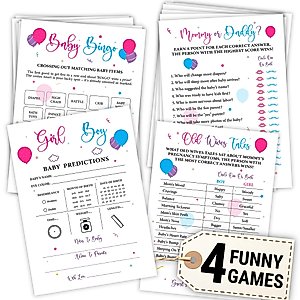 WOODAMORE Baby Gender Reveal Games for Guests - 4 Funny Baby Shower Games for Gender Reveal Party Decoration, Baby Shower Bingo Game, Boy Or Girl Gender Reveal Baby Prediction Cards, Old Wives Tales