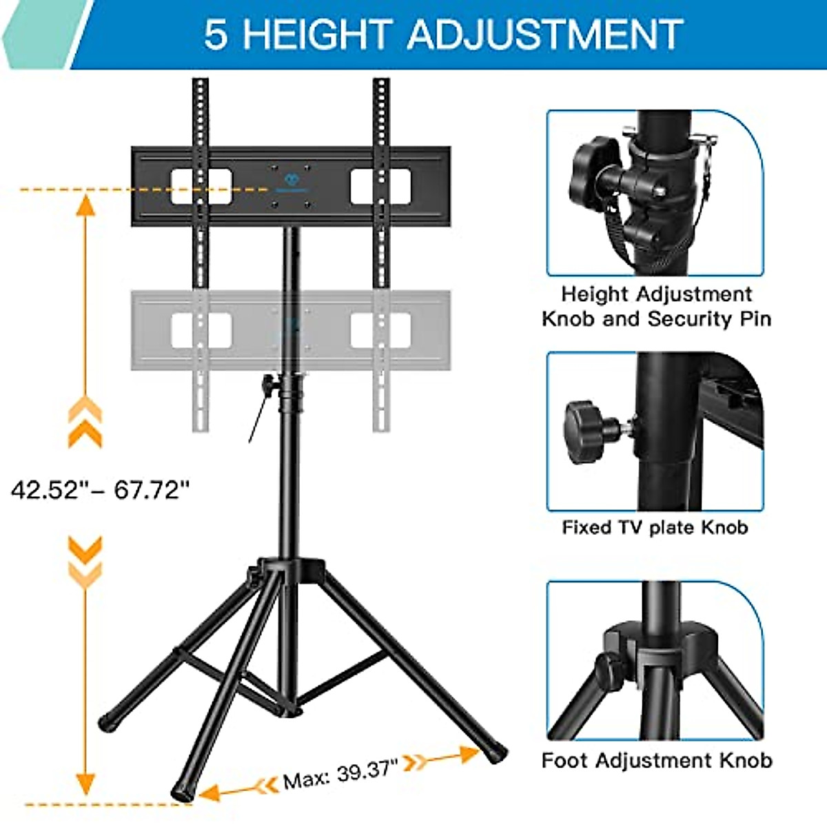 PERLESMITH Tripod TV Stand -Portable TV Stand for 37-80 Inch LED LCD OLED Flat Screen TVs-Height Adjustable Display Floor TV Stand with VESA 600x400mm, Holds up to 110lbs PSTM2
