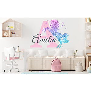 Girls Nursery Glitter Shimmer Sparkle Printed Unicorn Name and Initial Personalized Custom Name Vinyl Wall Decal, Wall Decor Sticker (X-Large)