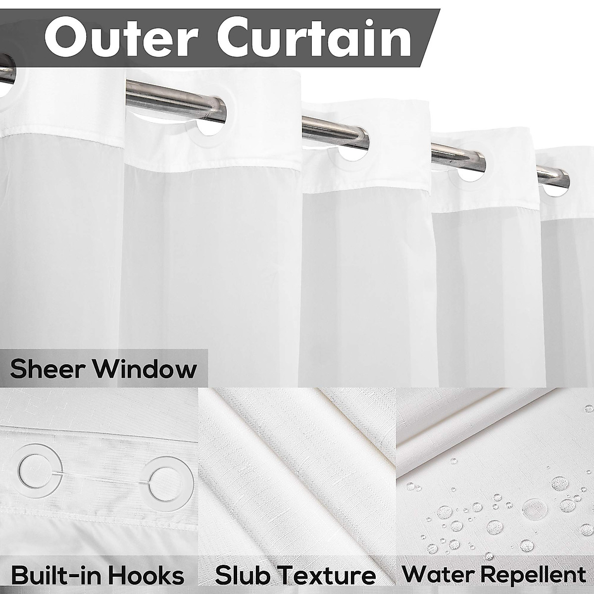 Long No Hook Slub Textured Shower Curtain with Snap-in PEVA Liner Set - 71" x 77"(75"), Hotel Style with See Through Top Window, Fabric Curtain & Waterproof Liner, White, 71x77