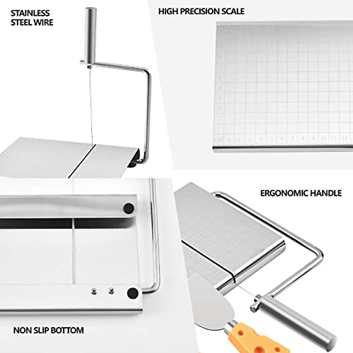 ISZW Cheese Slicer Knife Set, Cheese Slicer Cutter with Wire Food Cutter Precise Scale Board, 4 Cheese Knife Set Mini Butter Knife & Fork for Cutting Cheese Butter Vegetables Sausgae