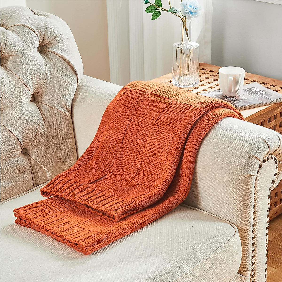 CozeCube Knit Throw Blanket,Orange Checkered Throw Blanket for Couch,Soft Cozy Warm Knitted Throw Blanket for Couch Bed Living Room, Decorative Spring Fall Throw Blanket 50"X60",Rust Orange