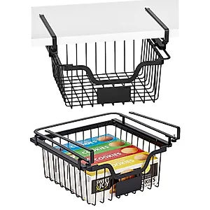 mDesign Wire Under Shelf Organizer for Cabinet - Sliding Basket for Under Cabinet Shelf - Hanging Organizer Rack for Kitchen and Pantry with Label Space - Carson Collection - 2 Pack - Matte Black