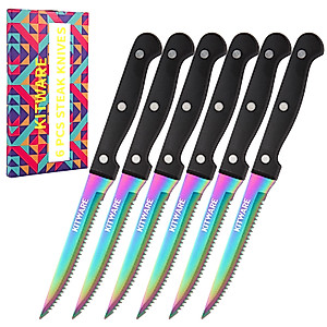 KITWARE Rainbow Steak Knife Set with Gift Box, 6-Piece Sharp Steak Sets of Knives, 4.5 Inch Stainless Steel Black Handle Meat Knifes with Serrated Egdes, Knife for Bread, Butter and Pork