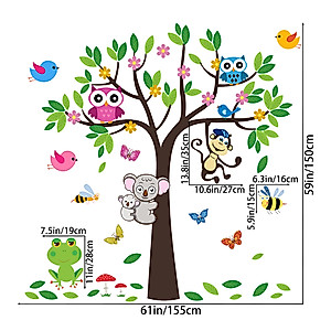Amaonm Giant Tree With Cartoon Animals Monkey Owls Wall Sticker Removable 3D DIY Green Leaves Wall Decal Nursery Peel and Stick art Decor for Kids Baby Bedroom Home Living Room Classroom Decoration