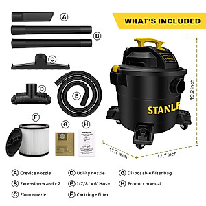 Stanley Wet/Dry Vacuum SL18191P, 10 Gallon 4 Horsepower 16 FT Clean Range Shop Vacuum, Ideal for Home/Garage/Laundry Rooms with Vacuum Attachments, Strong Suction Large Capacity Multiple Accessories