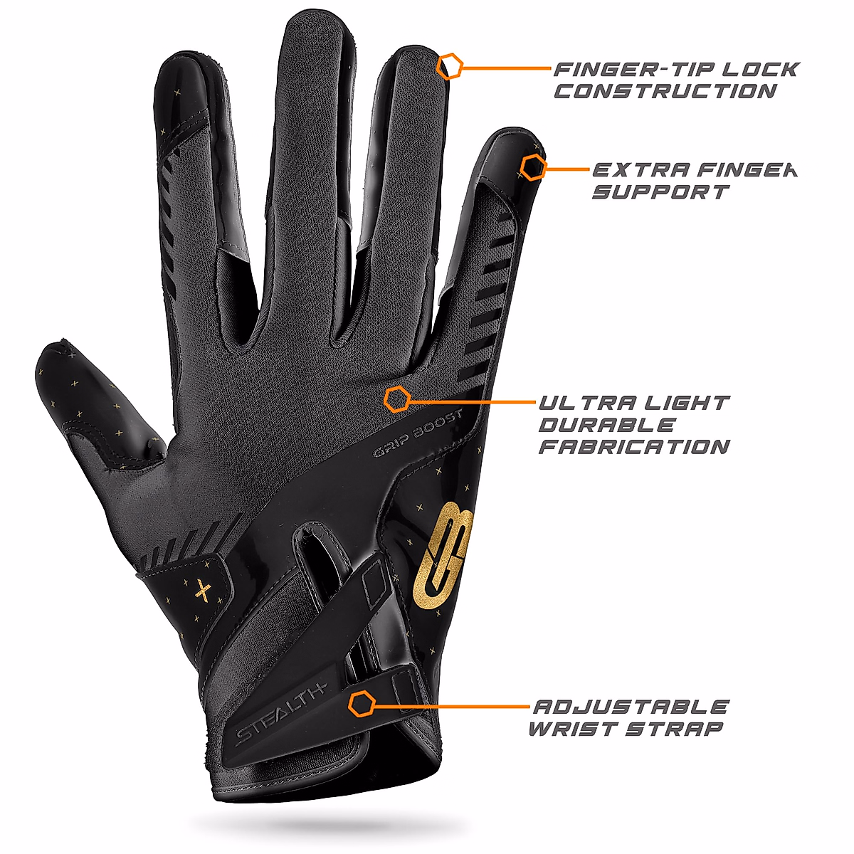Grip Boost Football Gloves Peace Stealth 6.0 Boost Plus Technology Men's Receiver Gloves - Adult and Youth Sizes (Black/Gold, Youth Small)