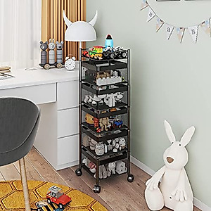 xinyourui Rotating Kitchen Storage Shelves Rack，Bathroom Organizer Metal Shelf，Fruit Basket for Kitchen，Rolling Cart with Wheels，Spice Drawer Organizer(Black, 5 Tier-Square)