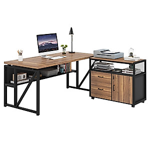 Tribesigns 63" L Shaped Desk with Drawer Cabinet, Executive Computer Desk and lateral File Cabinet, 2 Piece Home Office Furniture with Drawers for Hanging File, Doors with Locks (Brown, 63 inches)